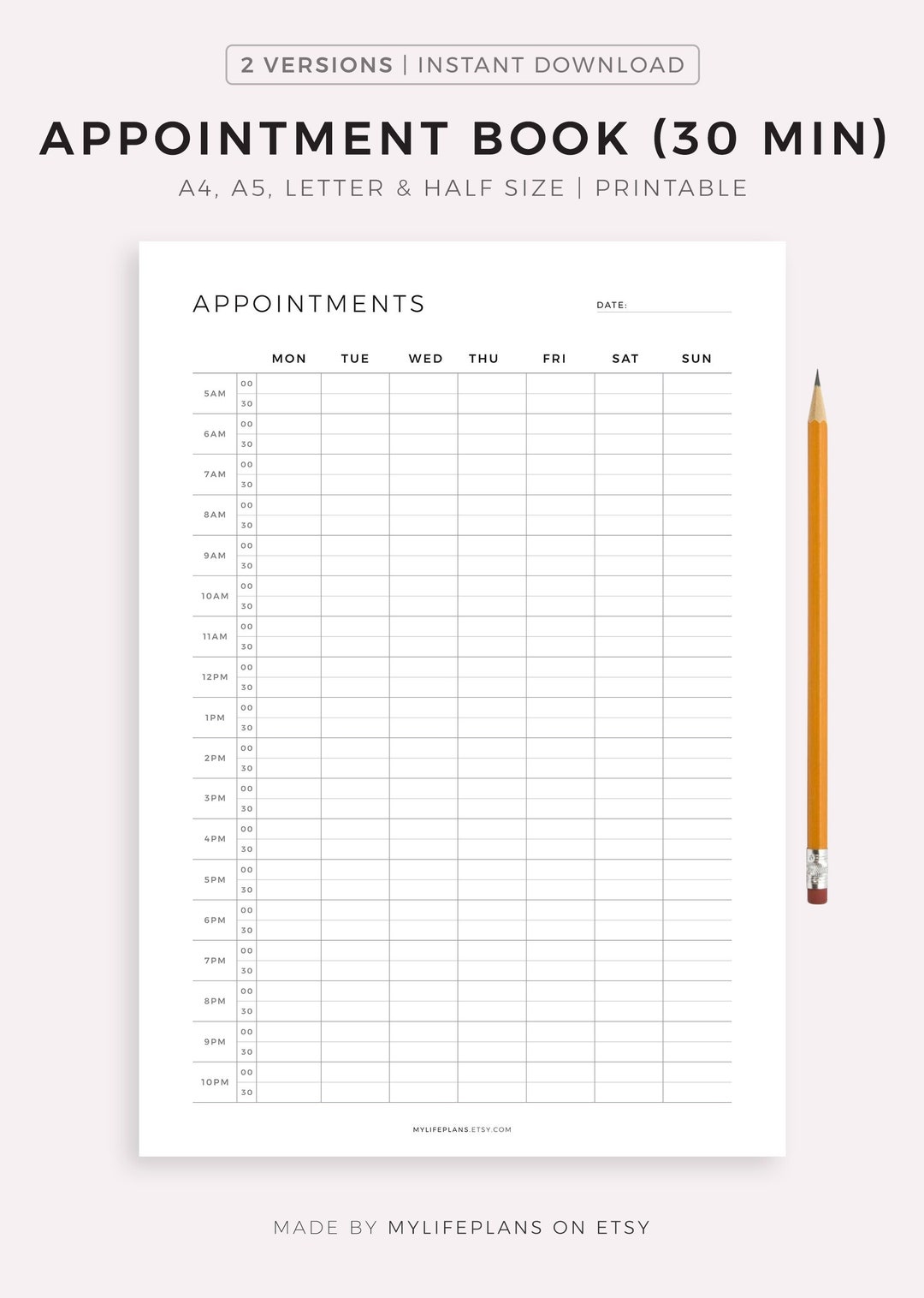 Appointment Book 30 Minute Intervals, Appointment Reminder, Meeting Tracker, Week at a Glance ...
