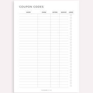 Coupon Codes Tracker Printable, Coupon Organizer, Shop Discount Code List, Promo Code Tracker ...