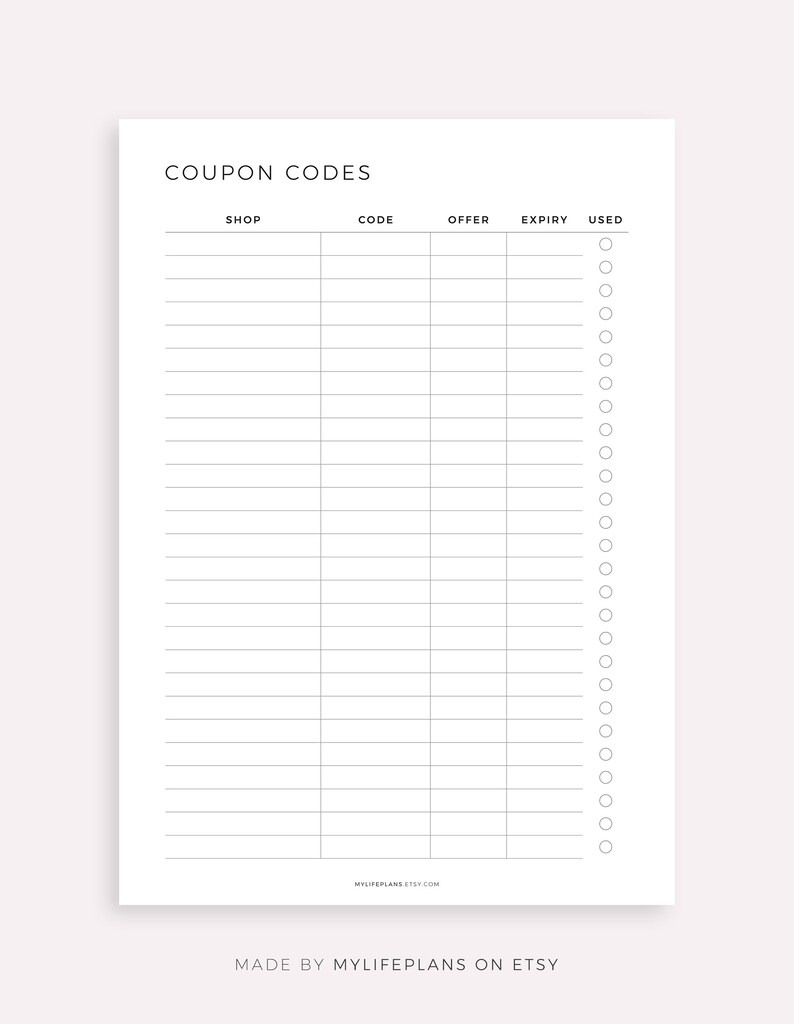 Coupon Codes Tracker Printable, Coupon Organizer, Shop Discount Code ...