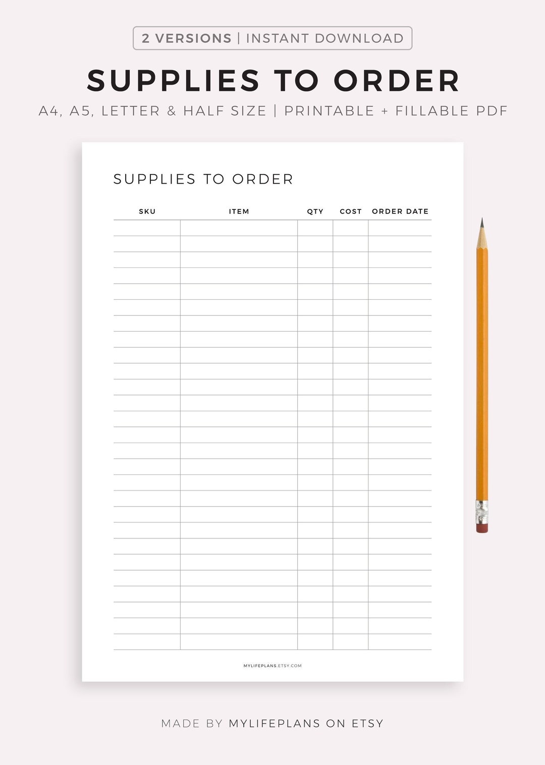 Supplies to Order Tracker Printable, Supplies Management Form, Small ...