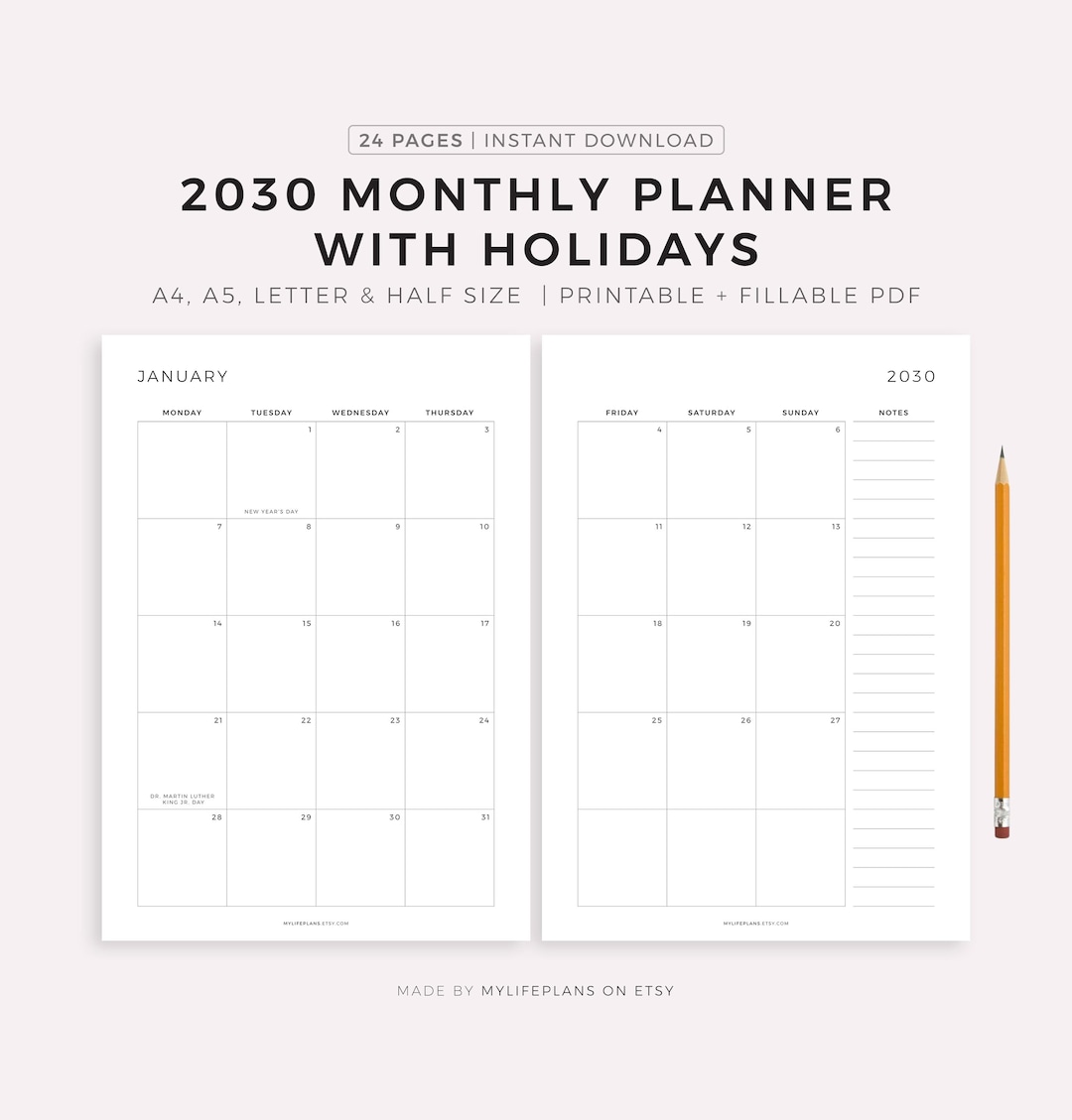 2030 Monthly Planner With Holidays, Dated Month on 2 Pages, Monthly ...