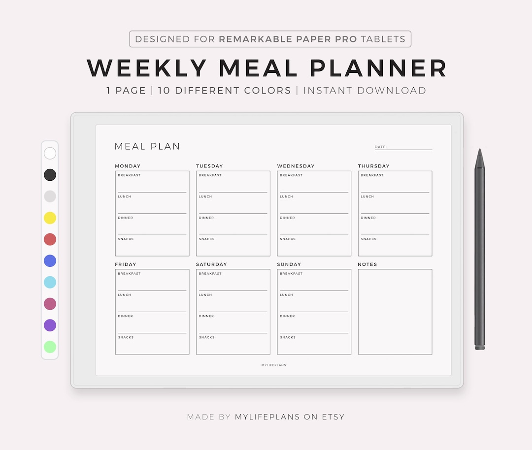 Weekly Meal Planner for Remarkable Paper Pro, Landscape, Food Diary ...