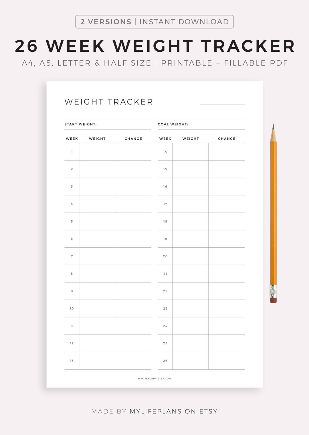 26 Week Weight Tracker Printable & Fillable, Weight Loss Tracker ...