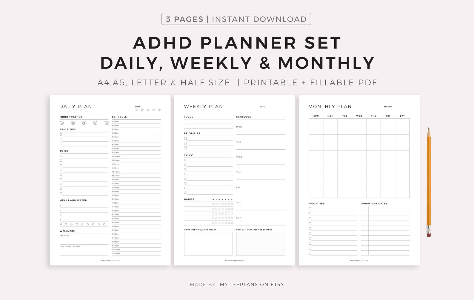 ADHD Planner Printable Set Daily Planner Weekly Planner - Etsy
