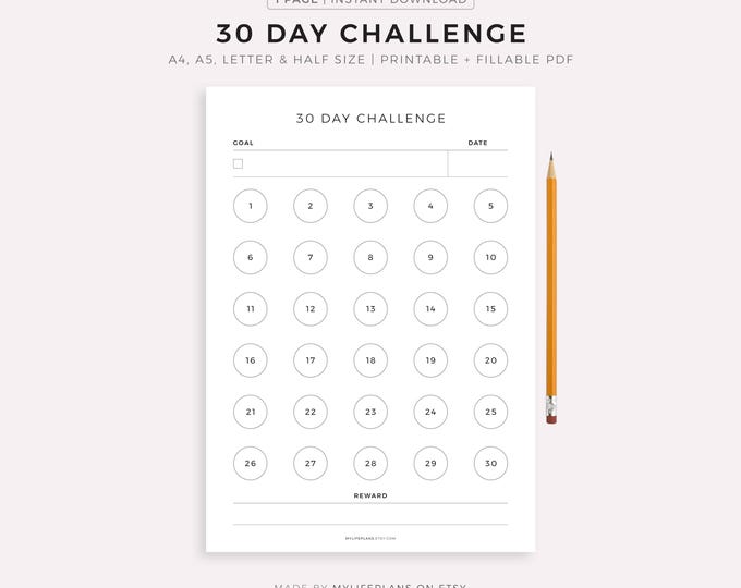 30 Day Challenge Printable Template, Fillable PDF Planner, Digital ...