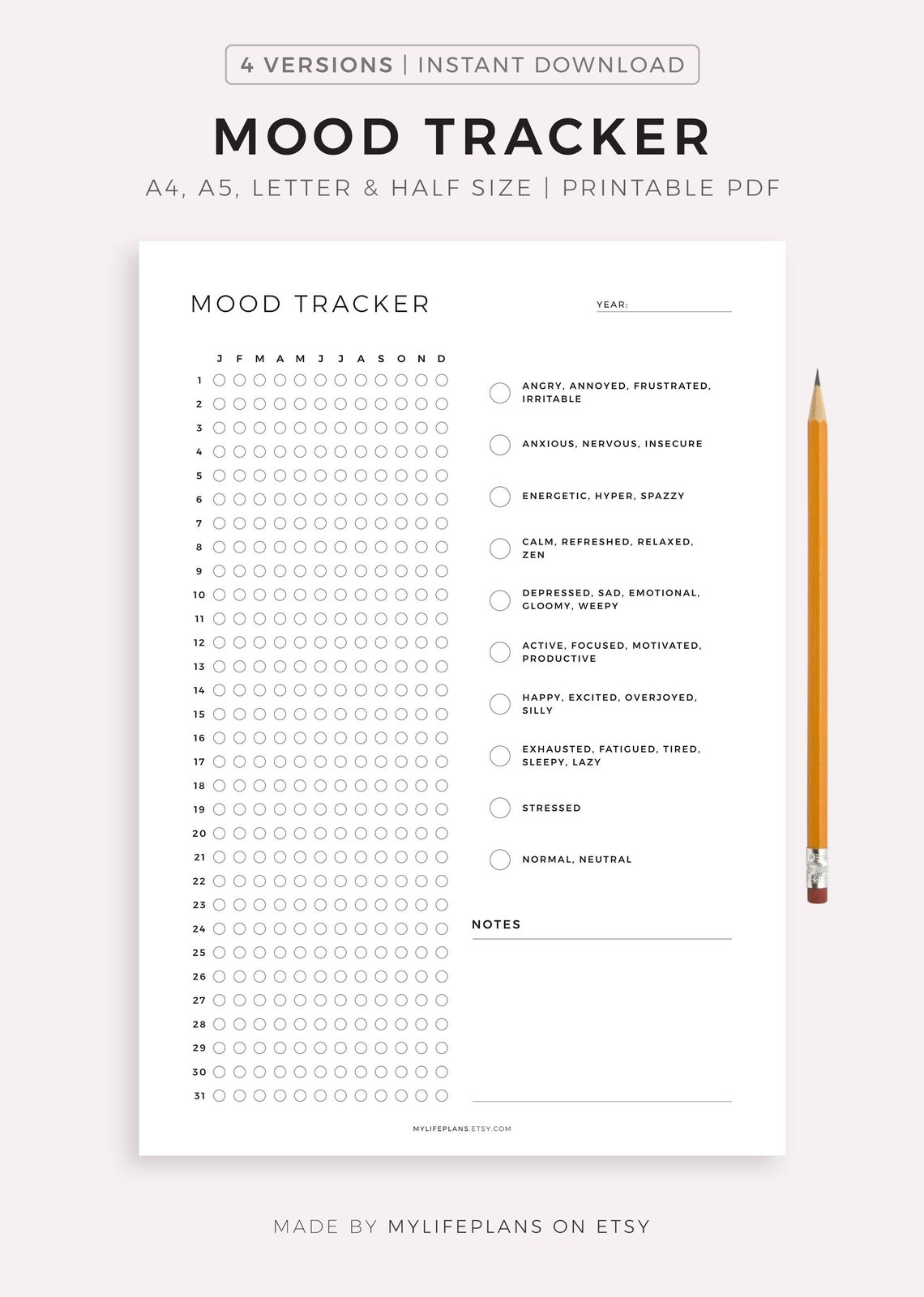 Mood Tracker Printable A Year in Pixels Mood Journal - Etsy UK