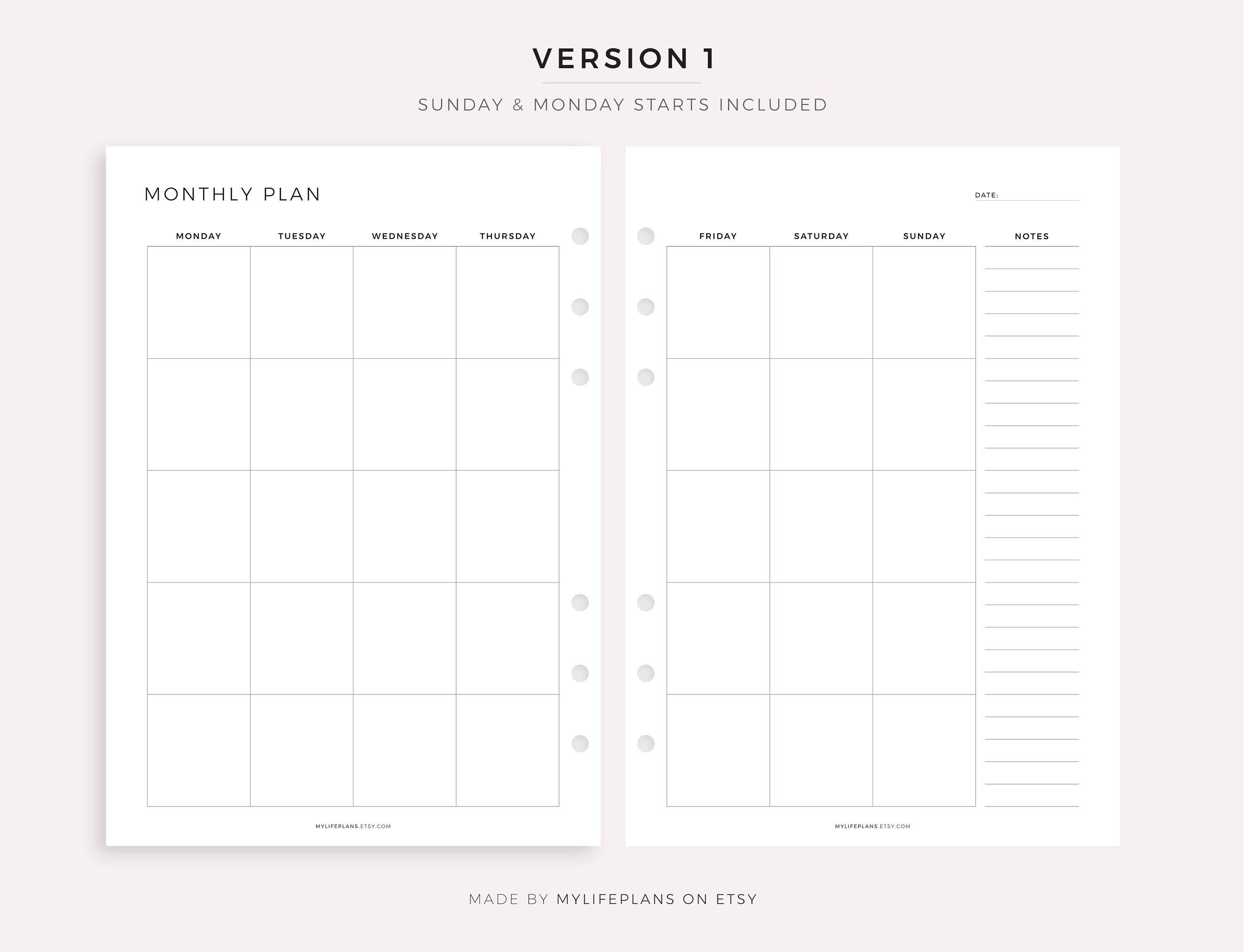 Undated Monthly Planner Printable, Month on Two Pages, Month at a ...