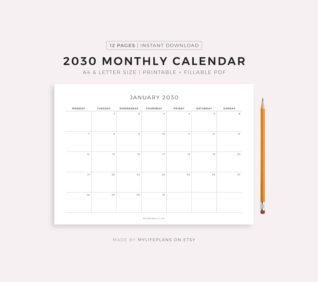 2030 Monthly Calendar Landscape, Printable Calendar Template ...