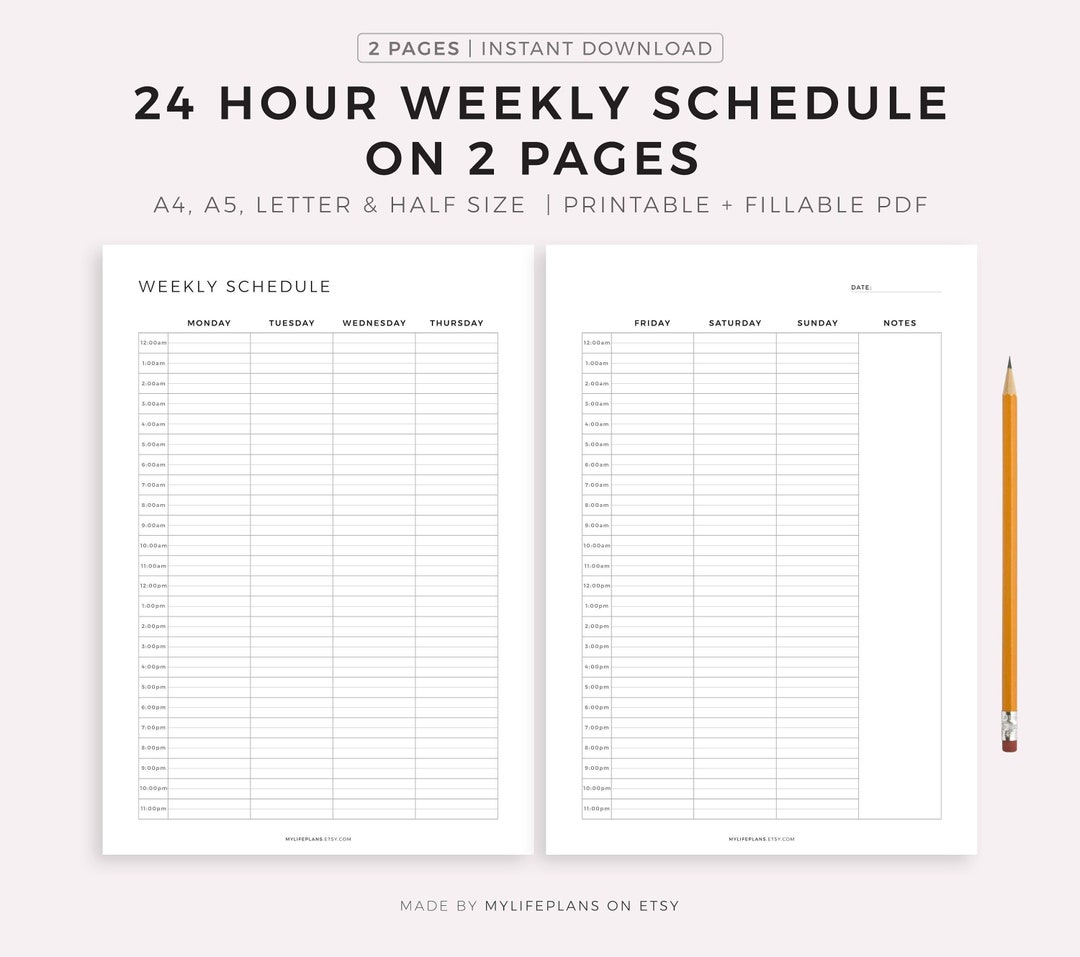 24 Hour Weekly Schedule on 2 Pages, Week at a Glance, Weekly Agenda ...