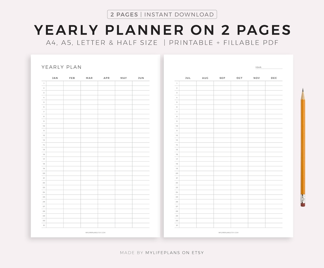 2 Page Yearly Planner Printable, Year at a Glance, Yearly Agenda, 12 ...