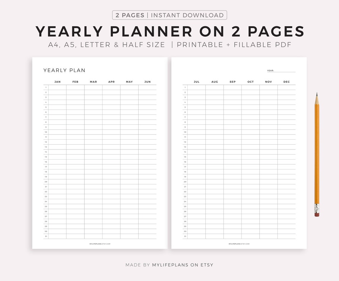 2 Page Yearly Planner Printable Year at a Glance Yearly - Etsy Canada