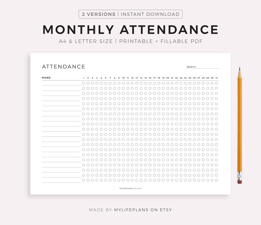 Monthly Employee Attendance Log Printable Landscape - Working Days ...