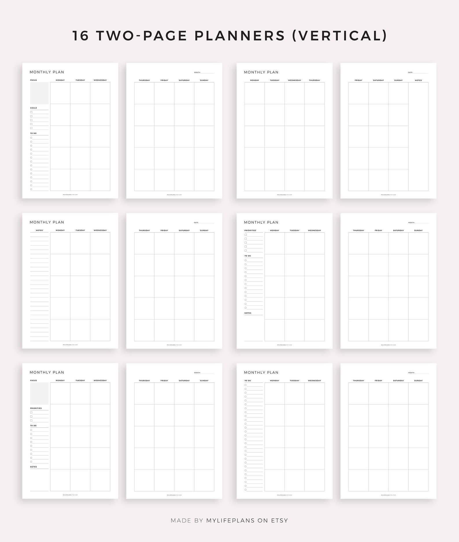 Monthly Planner Inserts Bundle Printable, Monday & Sunday Starts, A4/a5 ...