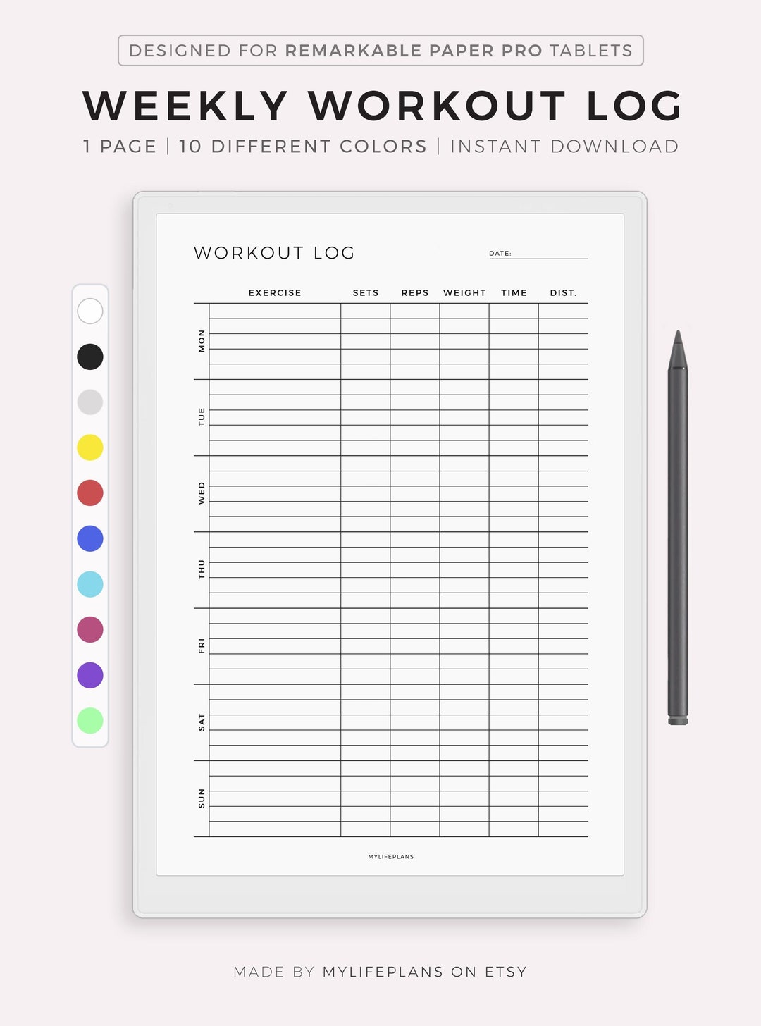 Weekly Workout Log for Remarkable Paper Pro, Daily Workout Planner ...