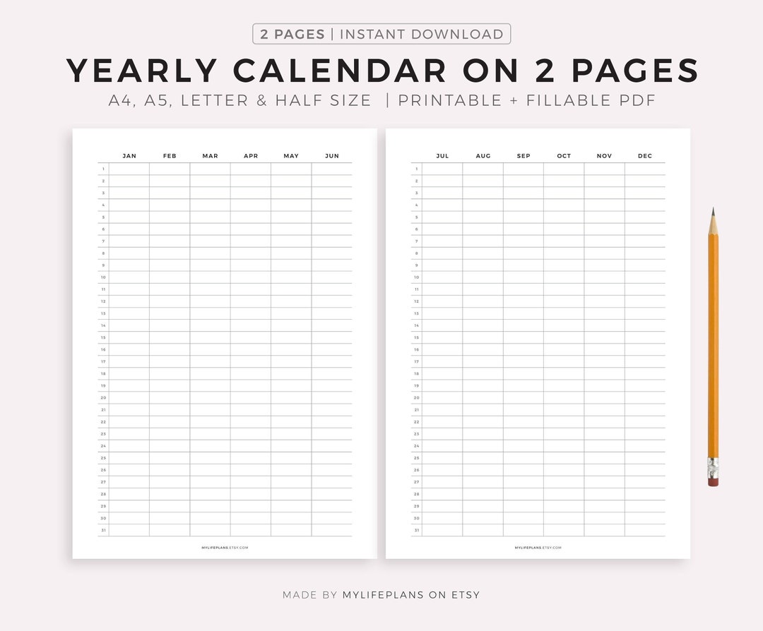 Year Calendar on Two Pages Printable, Year at a Glance, Undated ...