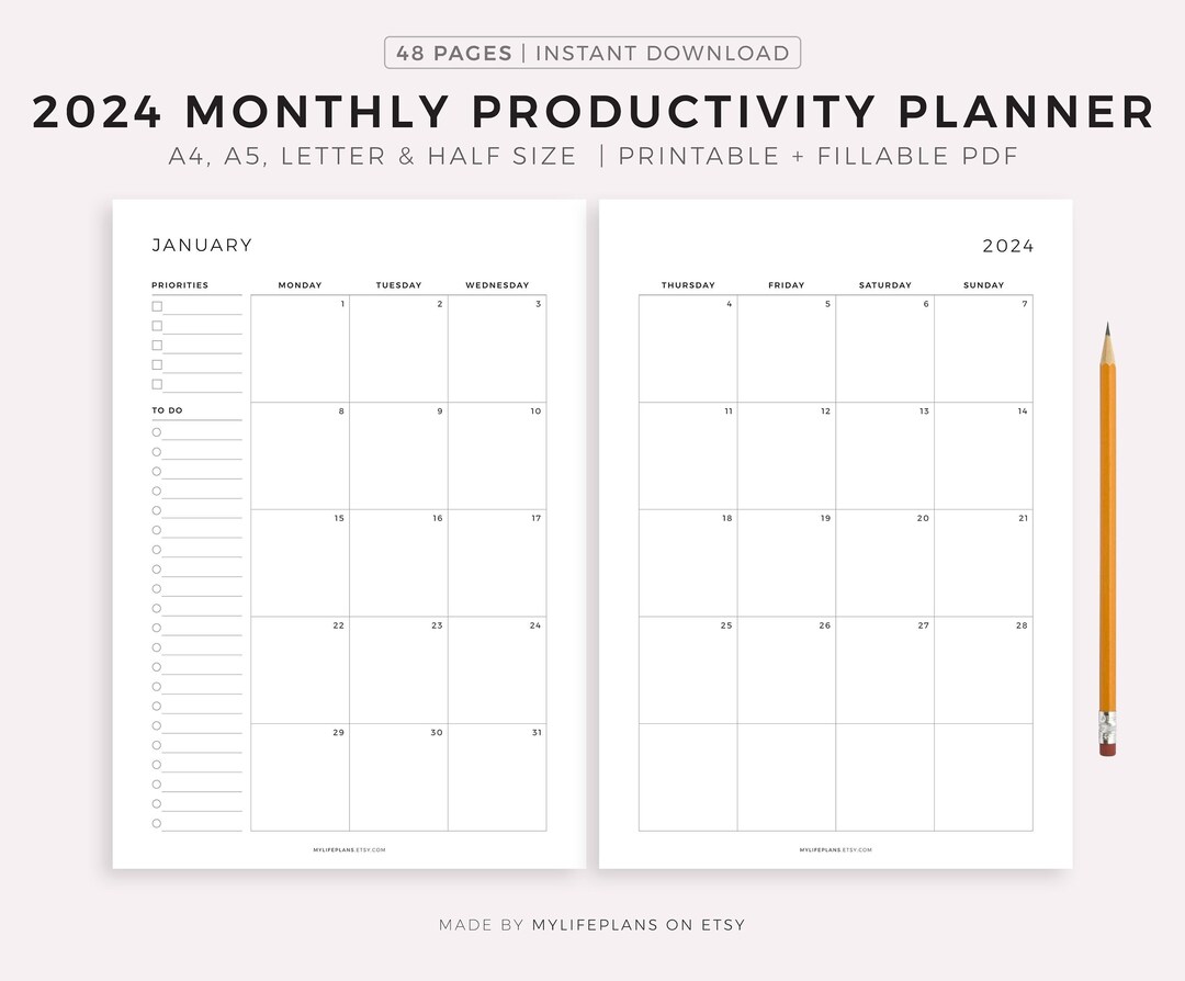 2024 Productivity Monthly Planner Printable, Monthly Organizer, Monthly ...
