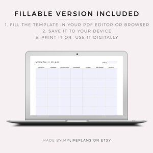 Undated Monthly Planner Printable Landscape, Monday & Sunday Start, Ink ...