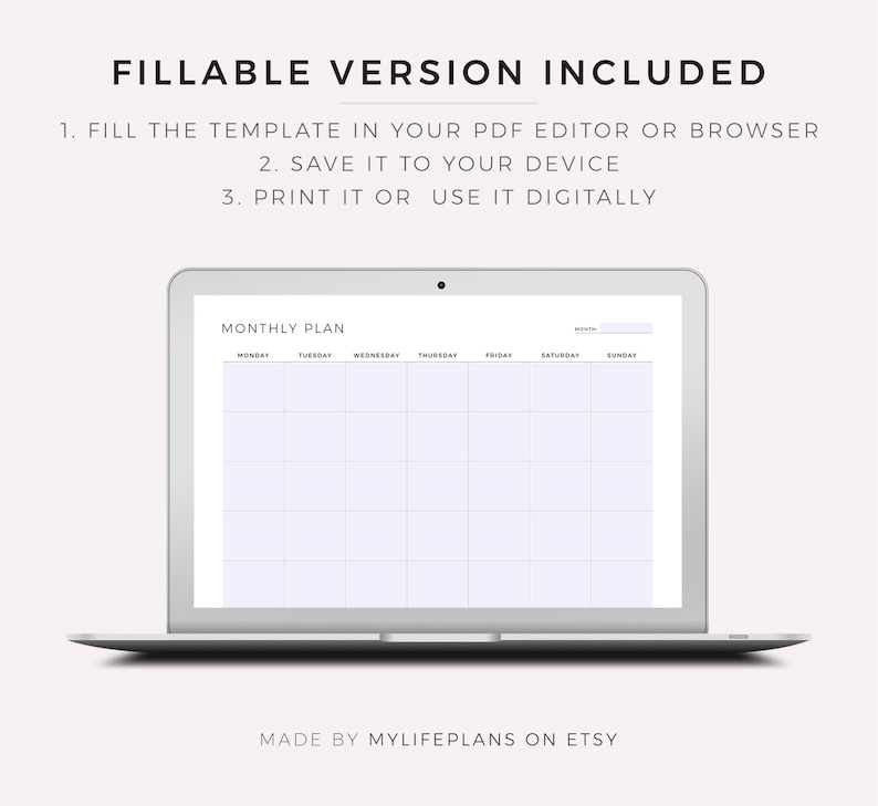 Undated Monthly Planner Printable Landscape, Monday & Sunday Start, Ink ...