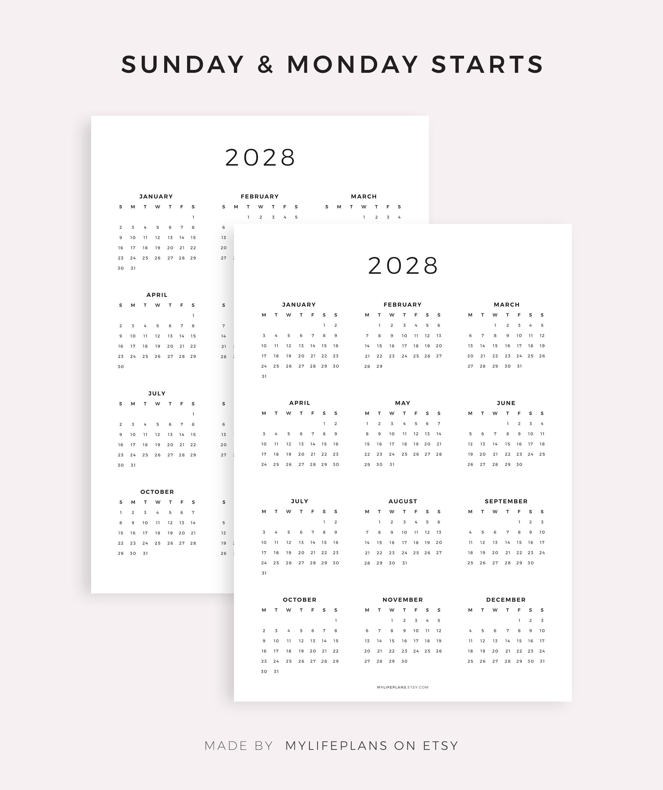 2028 Year Calendar Printable, Yearly Wall Calendar, Desk Calendar ...