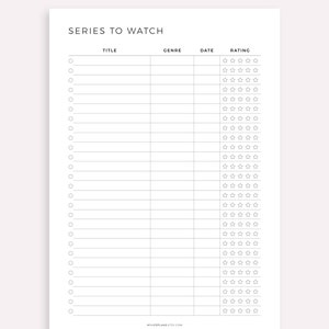 TV Series to Watch List Printable, TV Show List, Season and Episode ...
