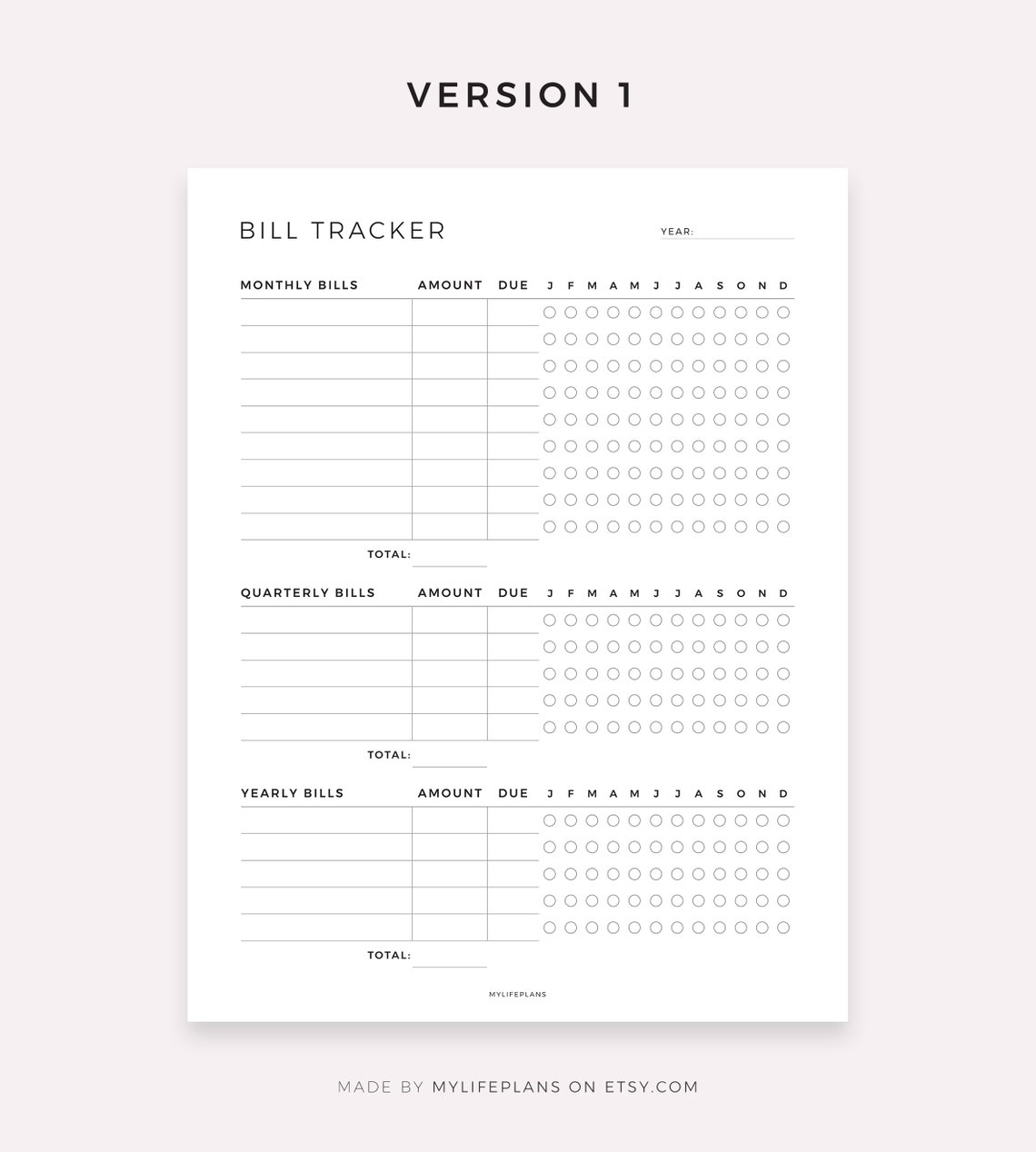 Monthly, Quartly, Yearly Bill Tracker on One Page, Bill Payment ...