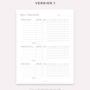 Monthly, Quartly, Yearly Bill Tracker on One Page, Bill Payment ...