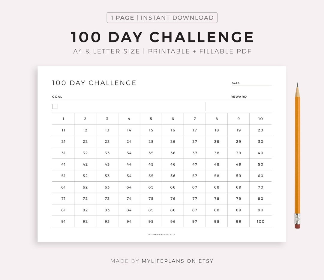 100 Day Challenge Printable Landscape, Goal Setting, Progress Tracker ...