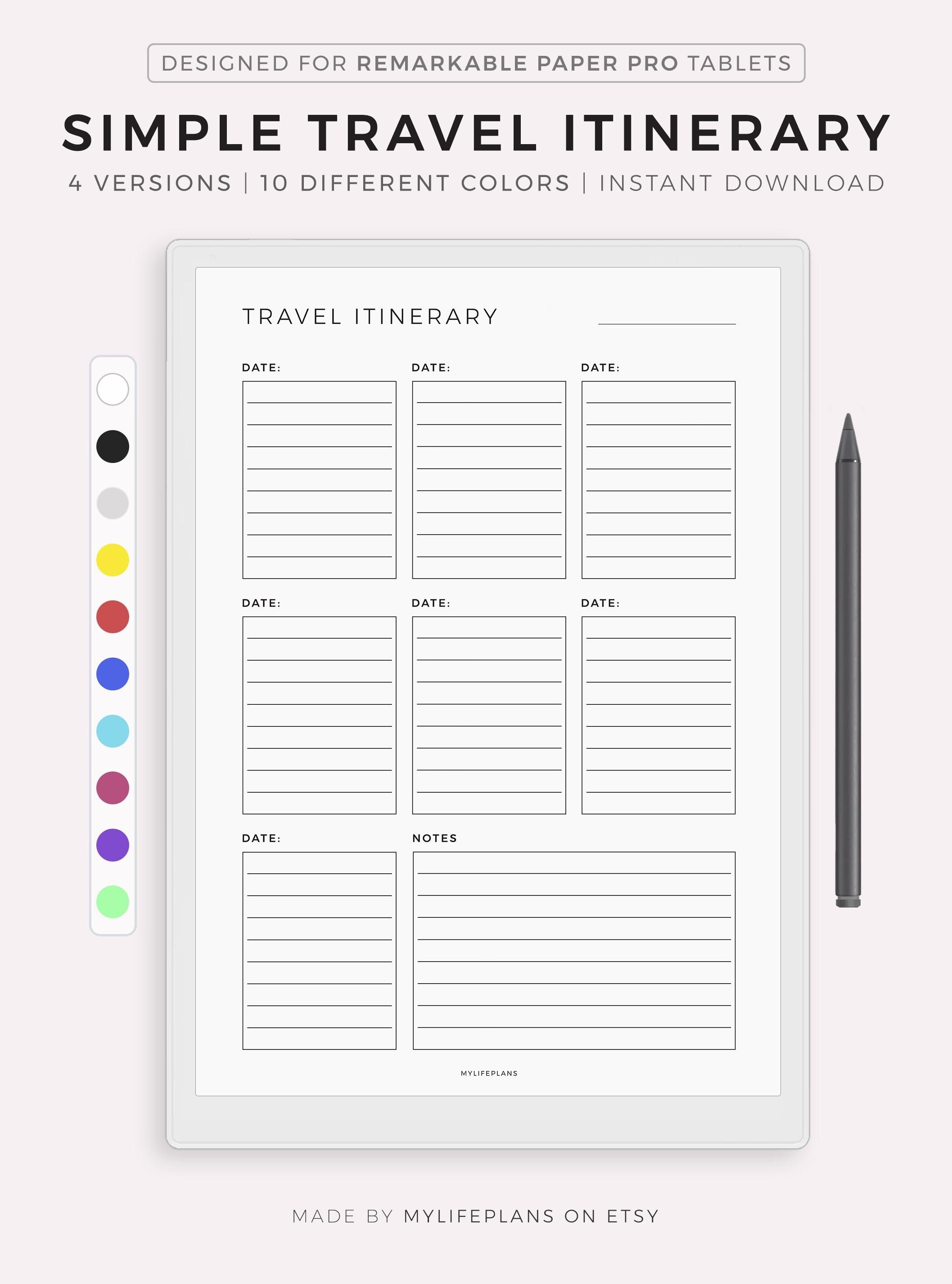 Simple Travel Itinerary for Remarkable Paper Pro, Instant Download - Etsy