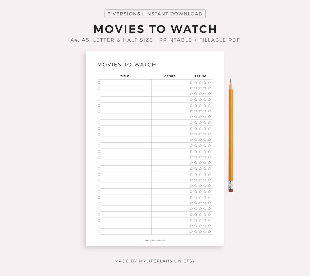 Movies to Watch List Printable, Movie Planner, Movie Tracker, Film ...