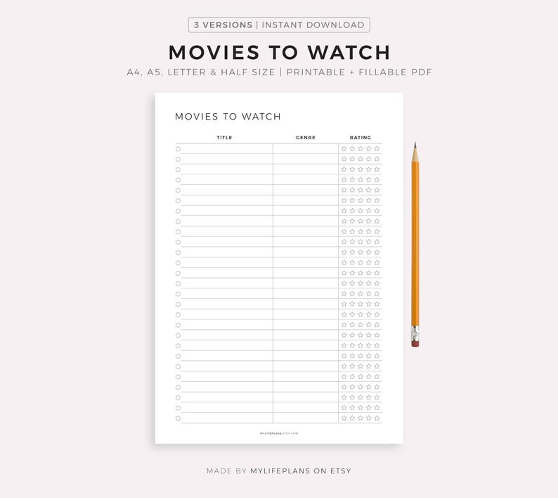 Movies to Watch List Printable, Movie Planner, Movie Tracker, Film ...