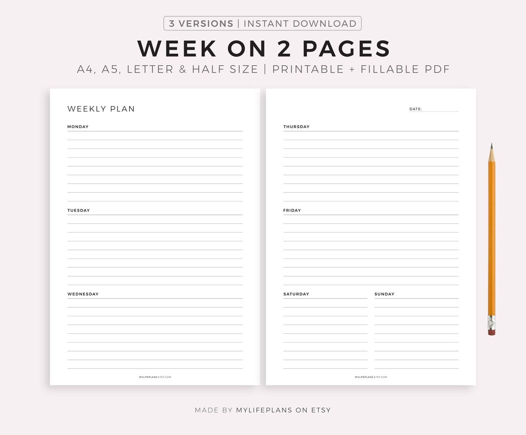 Week on 2 Pages, Week at a Glance, Weekly Schedule, Weekly Agenda ...