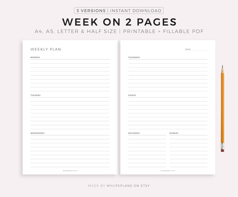 Week on 2 Pages Week at a Glance Weekly Schedule Weekly - Etsy