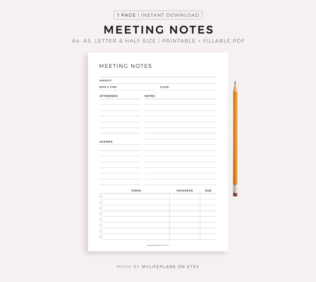 Meeting Notes Template Printable, Meeting Minutes, Meeting Agenda ...