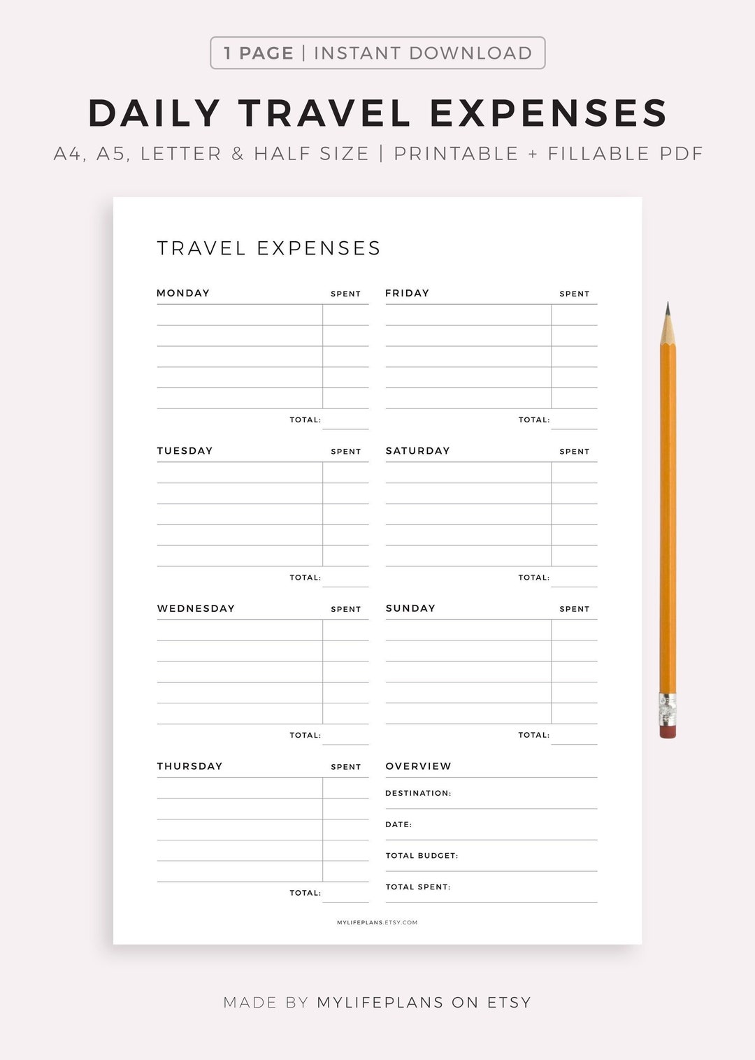 Daily Travel Expenses Tracker - Vacation Spending, Work Travel Spending ...