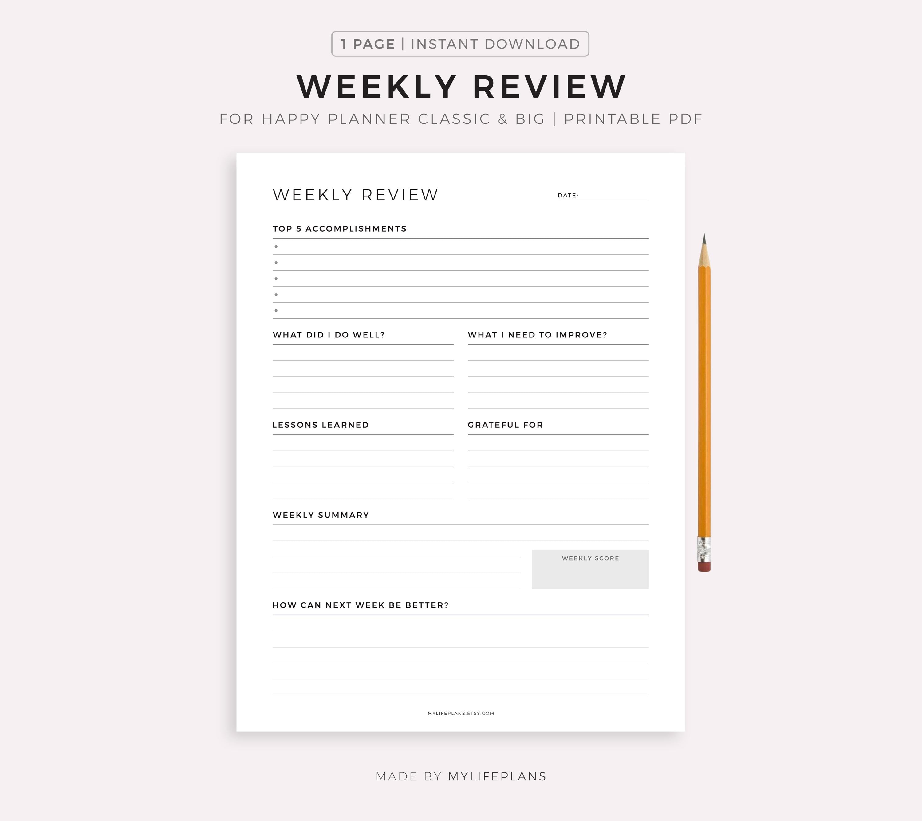 Weekly Review Template for Happy Planner Classic & Big, Printable PDF ...