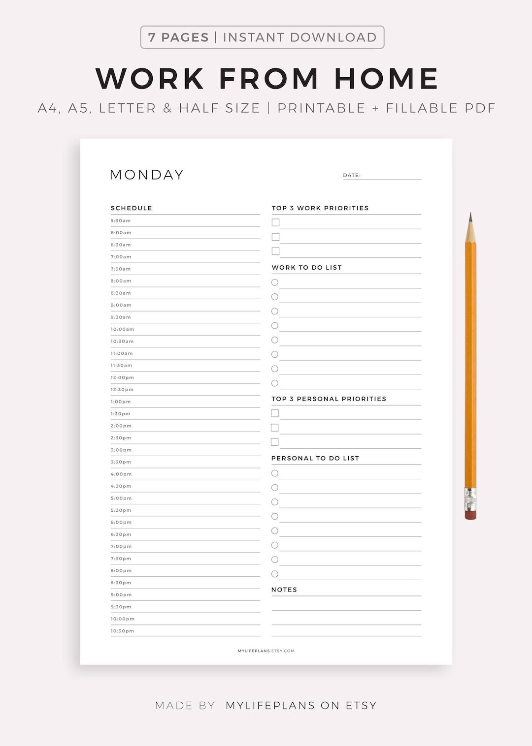 Work From Home Planner, Personal Daily Planner, Daily Hourly Planner ...