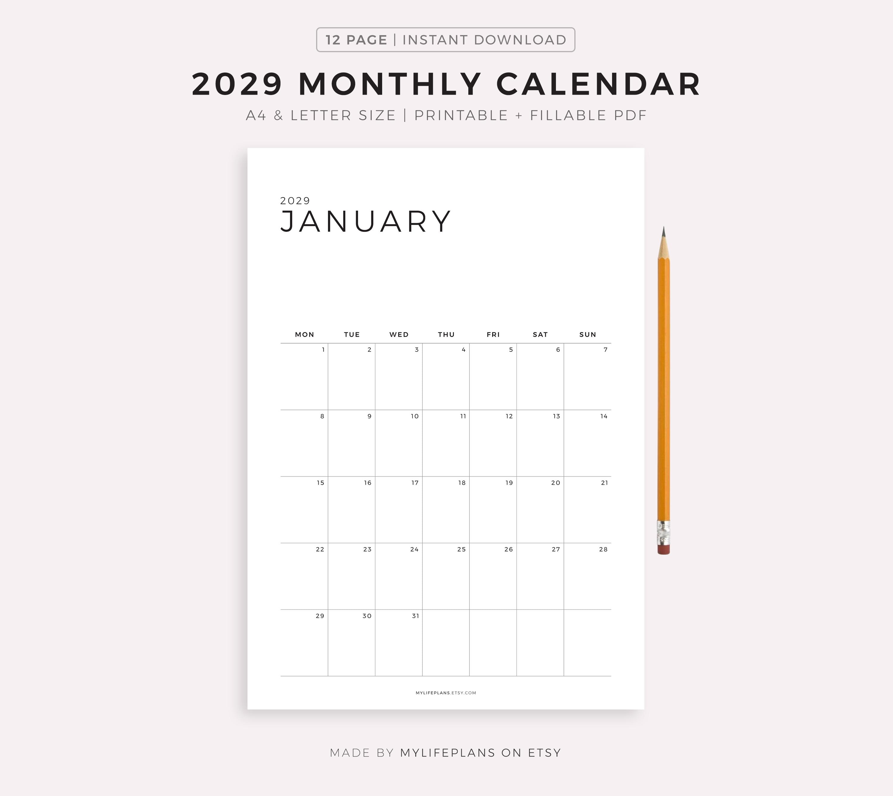 2029 Monthly Calendar Printable & Fillable, Year Calendar Template ...