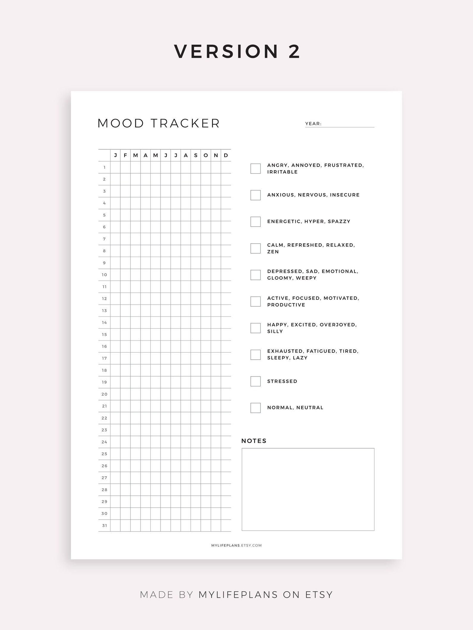 Mood Tracker Printable, A Year in Pixels, Mood Journal, Emotion Tracker ...