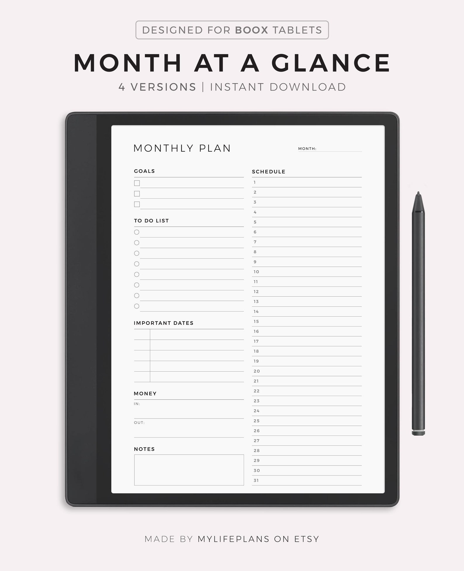 Month at a Glance - Monthly Goals, Monthly to Do List, Important Dates ...