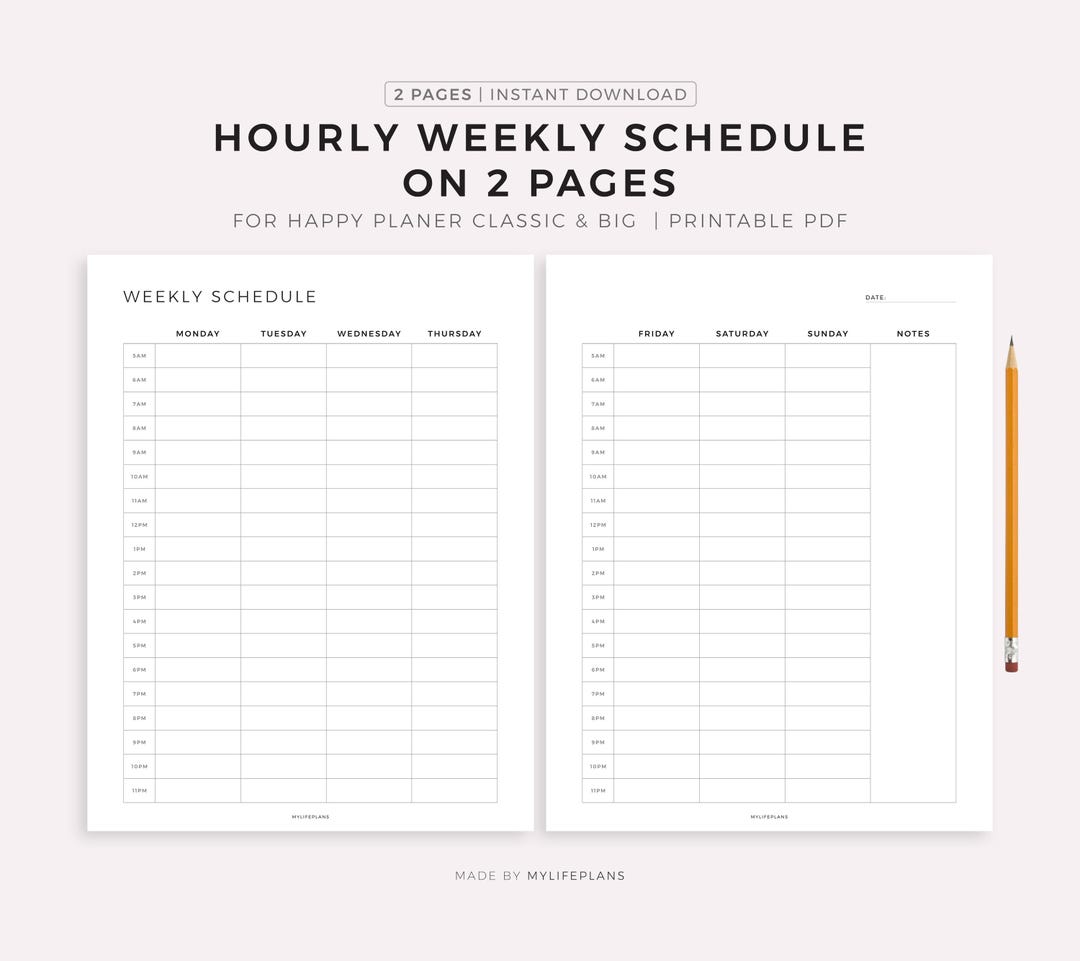 Hourly Weekly Schedule on 2 Pages, Printable for Happy Planner Classic ...
