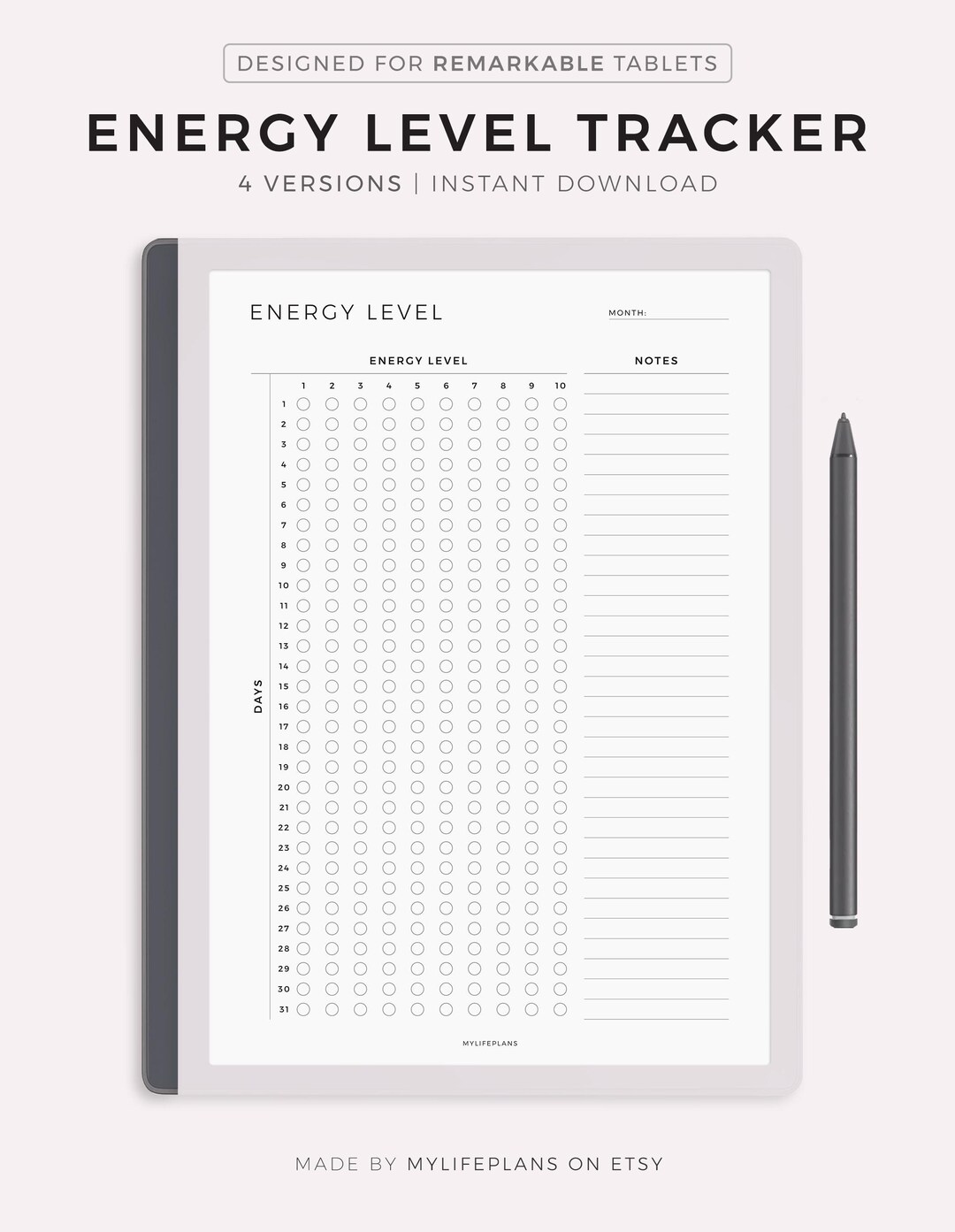 Daily Energy Level Tracker for Remarkable 2, Track Monthly Energy ...