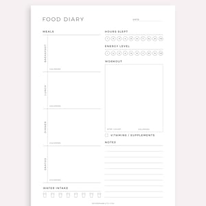 Daily Food Diary Printable, Food Journal, Vitamin Intake, Water Intake ...