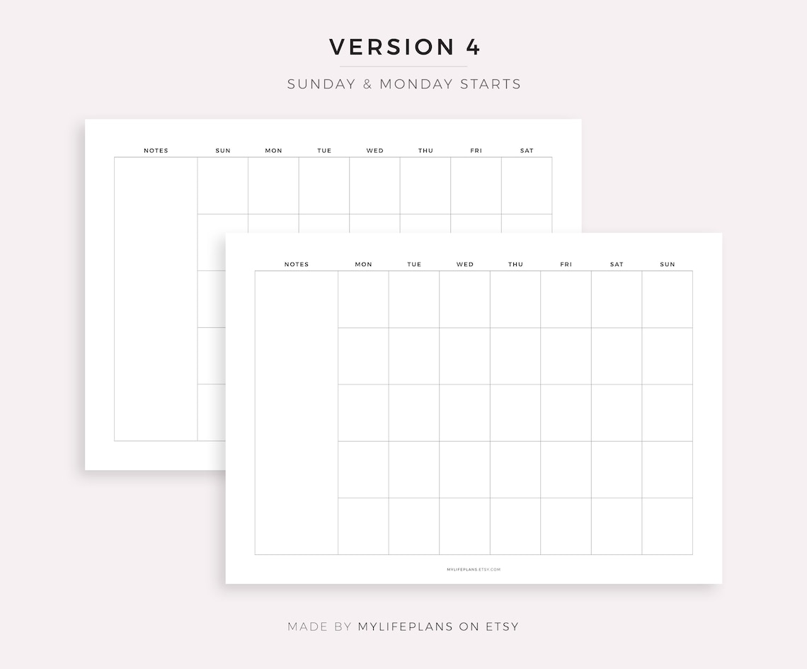 Blank Monthly Calendar With Notes Landscape, Printable Calendar ...