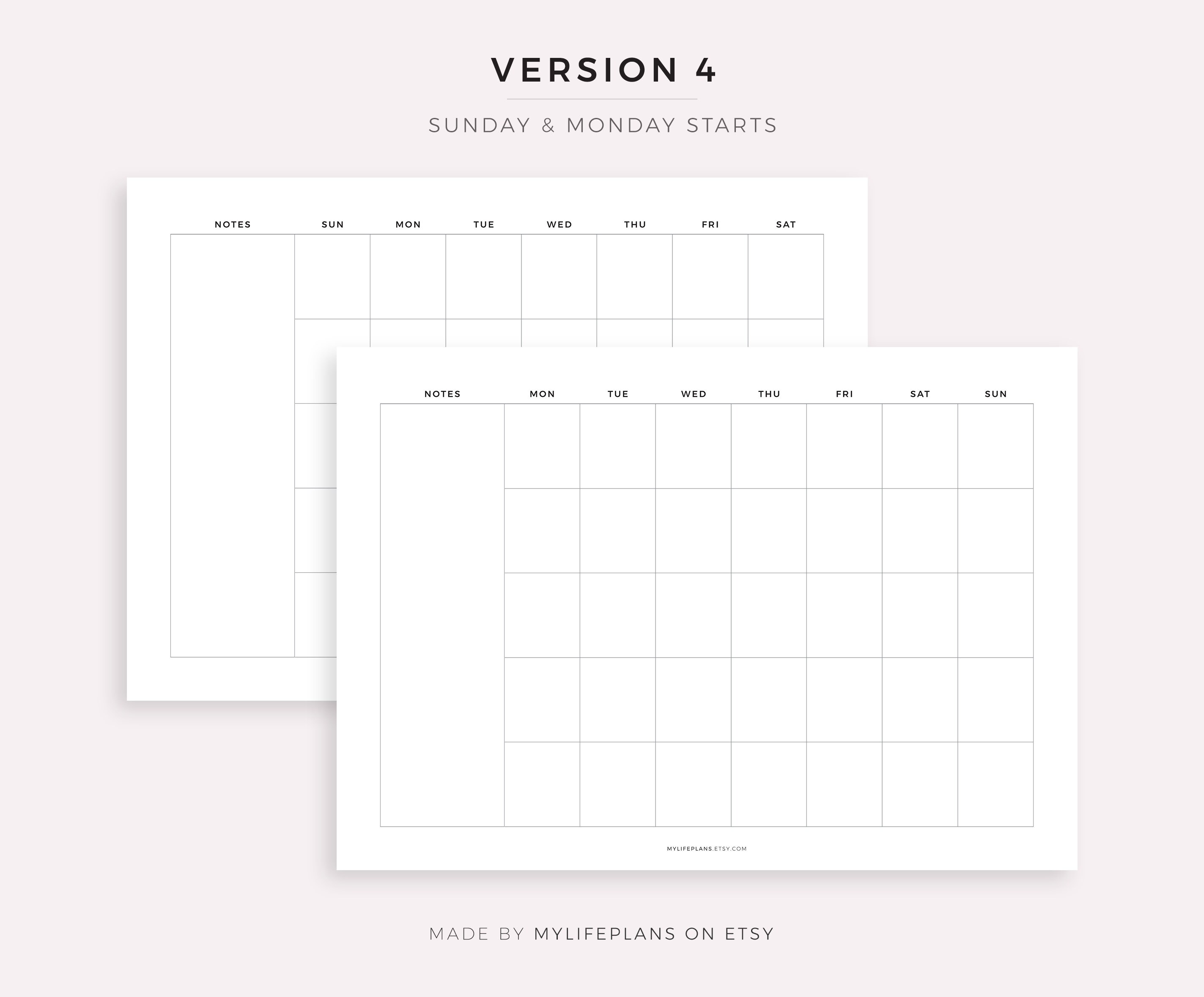 Blank Monthly Calendar With Notes Landscape Printable - Etsy