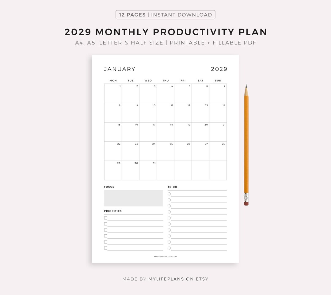 2029 Monthly Planner, Monthly Schedule, Monthly Organizer, Month at a ...