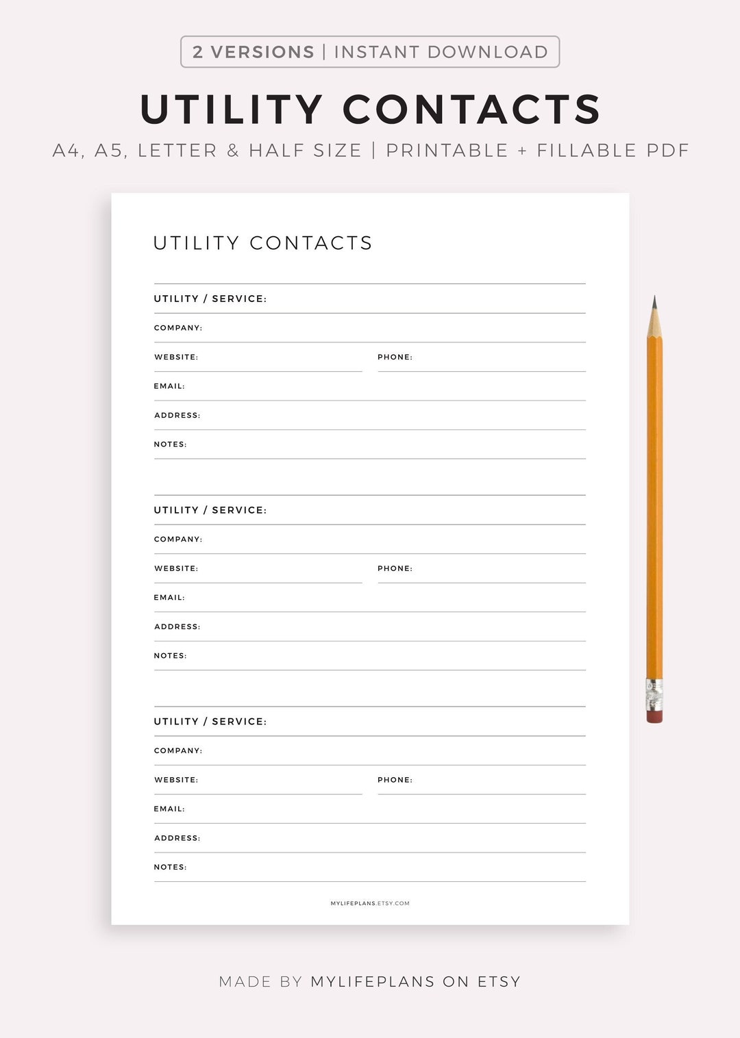 Utility Contacts Printable Template for Home / Business, Service ...