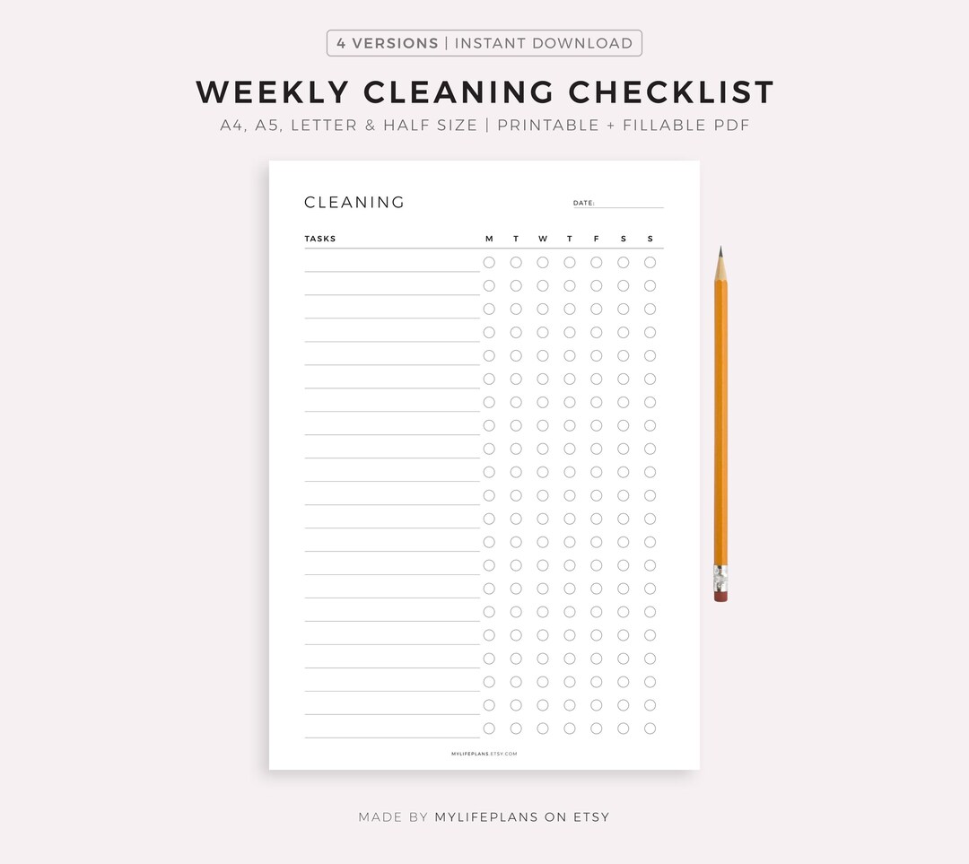 Weekly Cleaning Checklist, Printable Cleaning Template, Cleaning ...