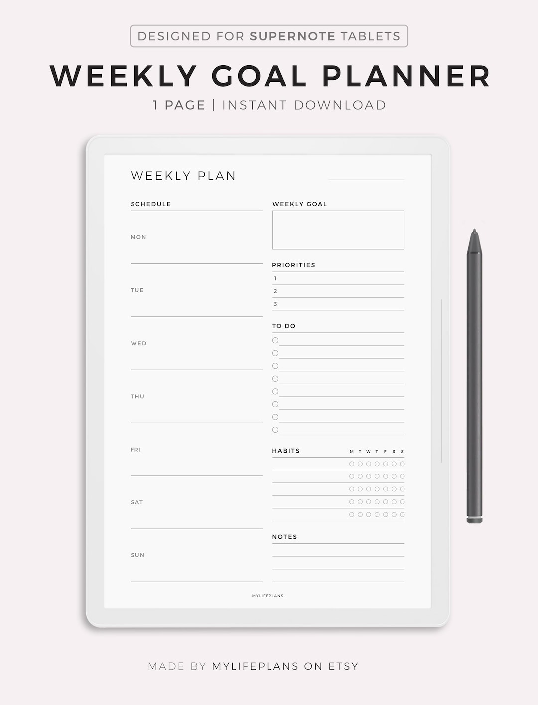 Weekly Goal Planner, Weekly to Do List, Week at a Glance, Compatible ...