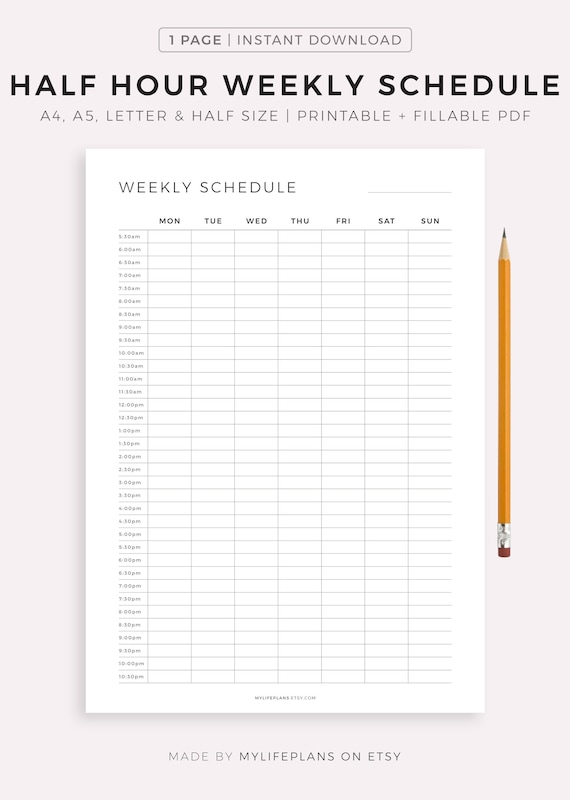 Half Hour Weekly Schedule Weekly Planner Printable Week at a - Etsy