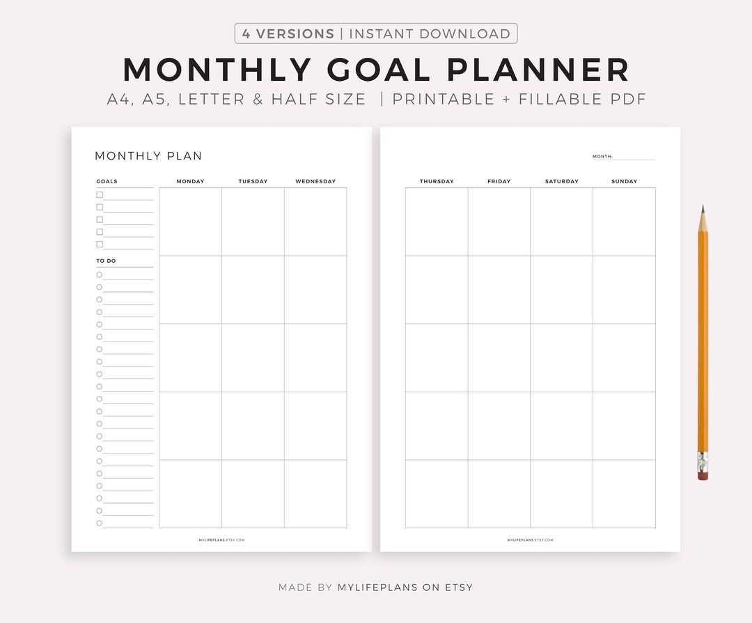 Monthly Goal Planner on Two Pages Printable, Monthly to Do List ...